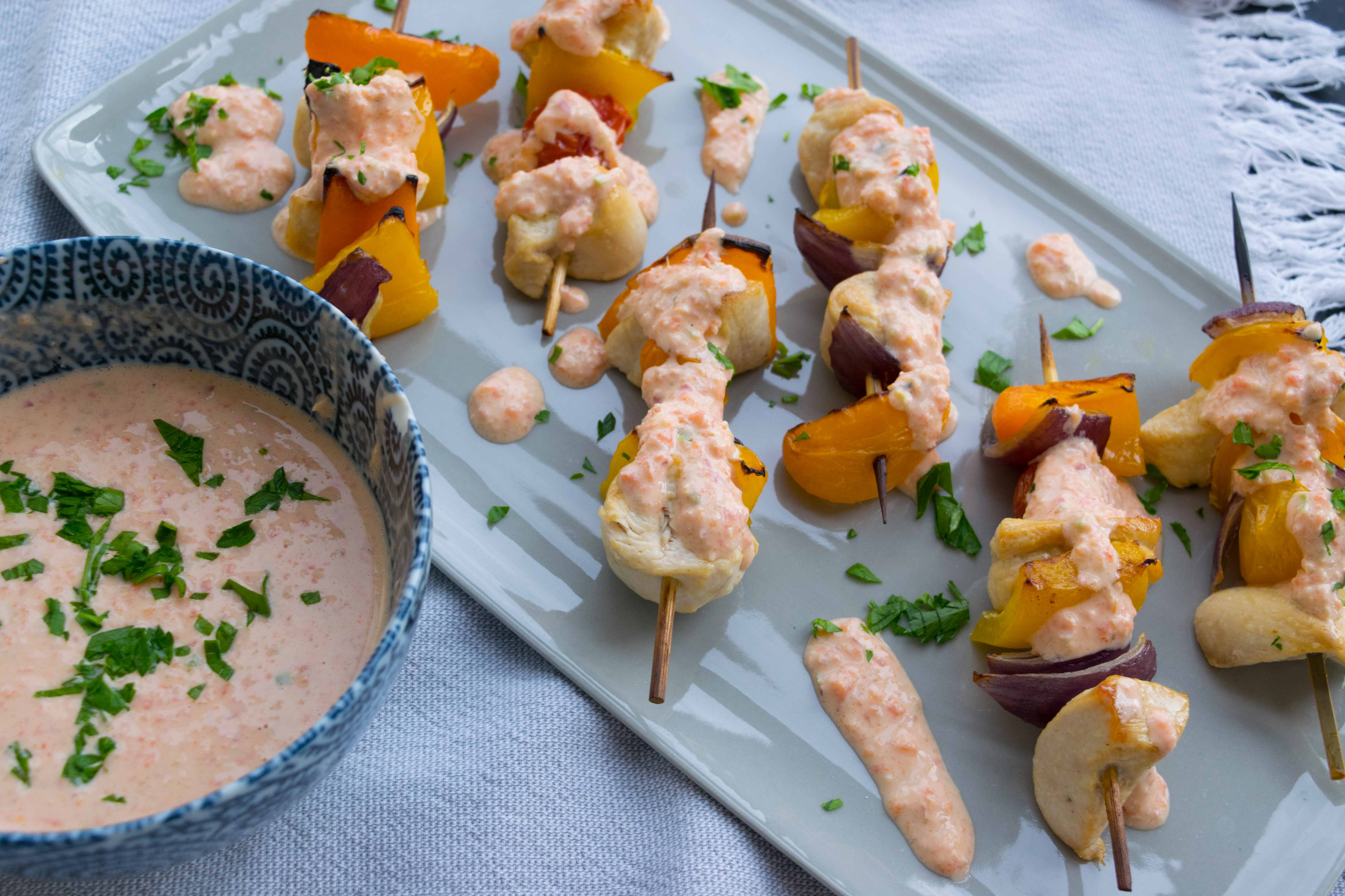 Easy Breezy Chicken Kebabs with Roasted Red Pepper - Jalapeño Yogurt ...